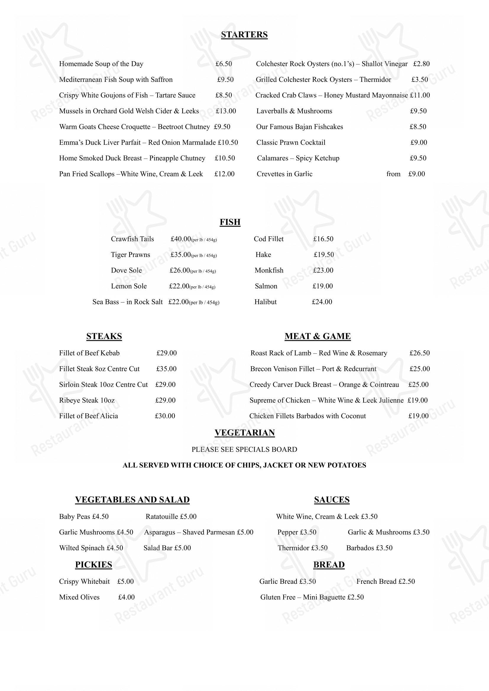 Menu at Caesars restaurant fish, Cardiff
