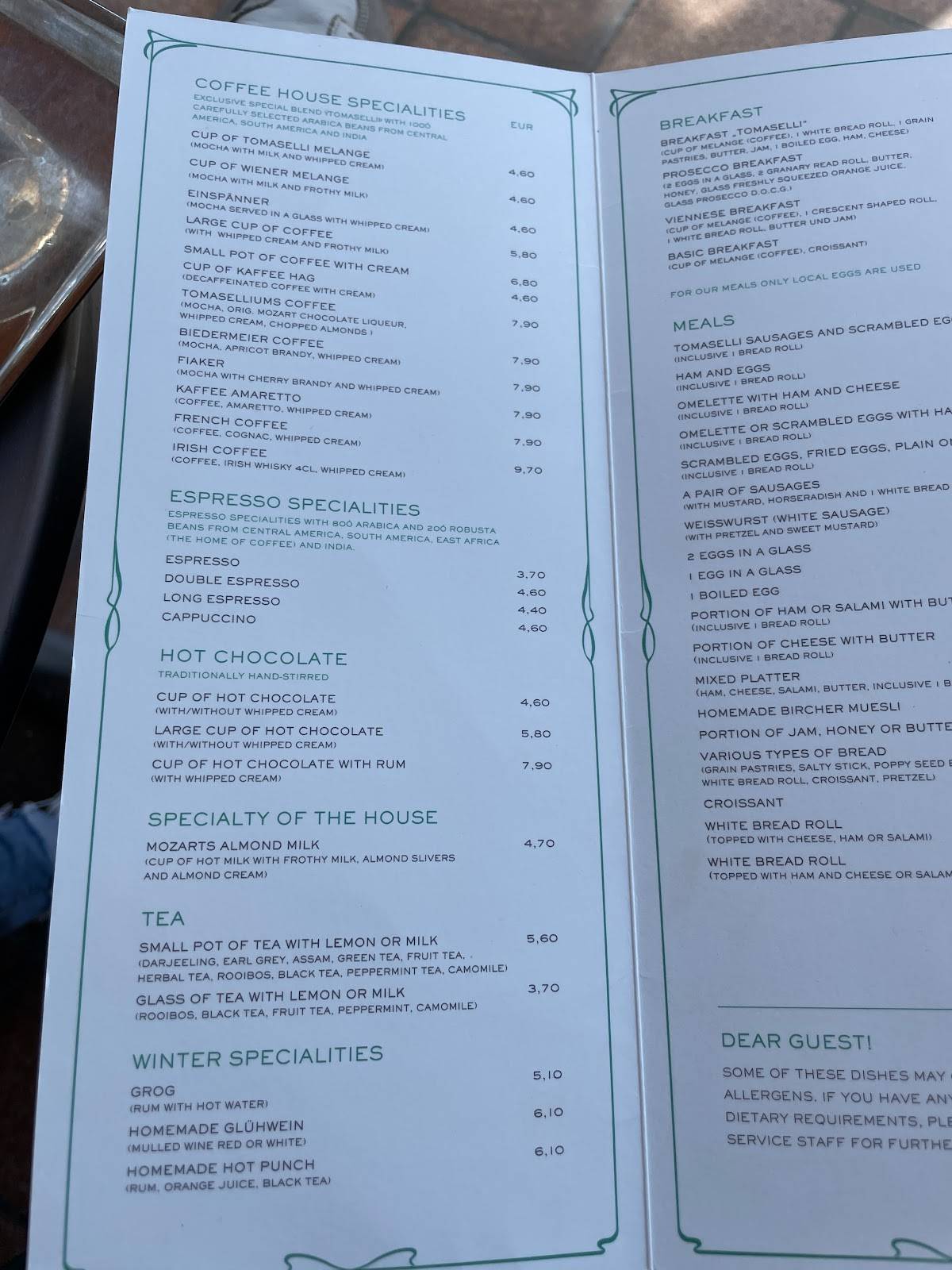 Menu at Café Tomaselli cafe, Salzburg