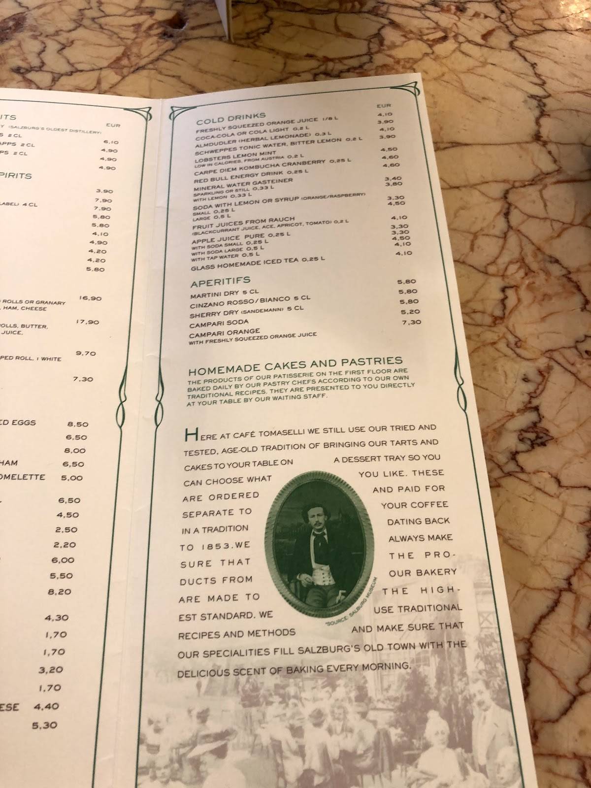 Menu at Café Tomaselli cafe, Salzburg