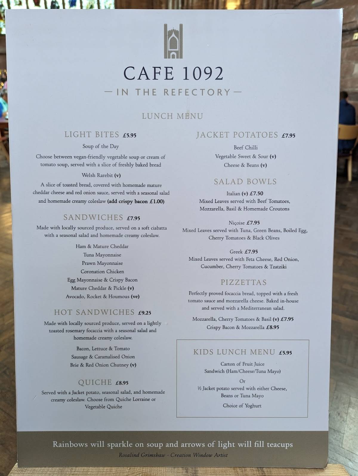 Menu at Café 1092 in the Refectory cafe, Chester