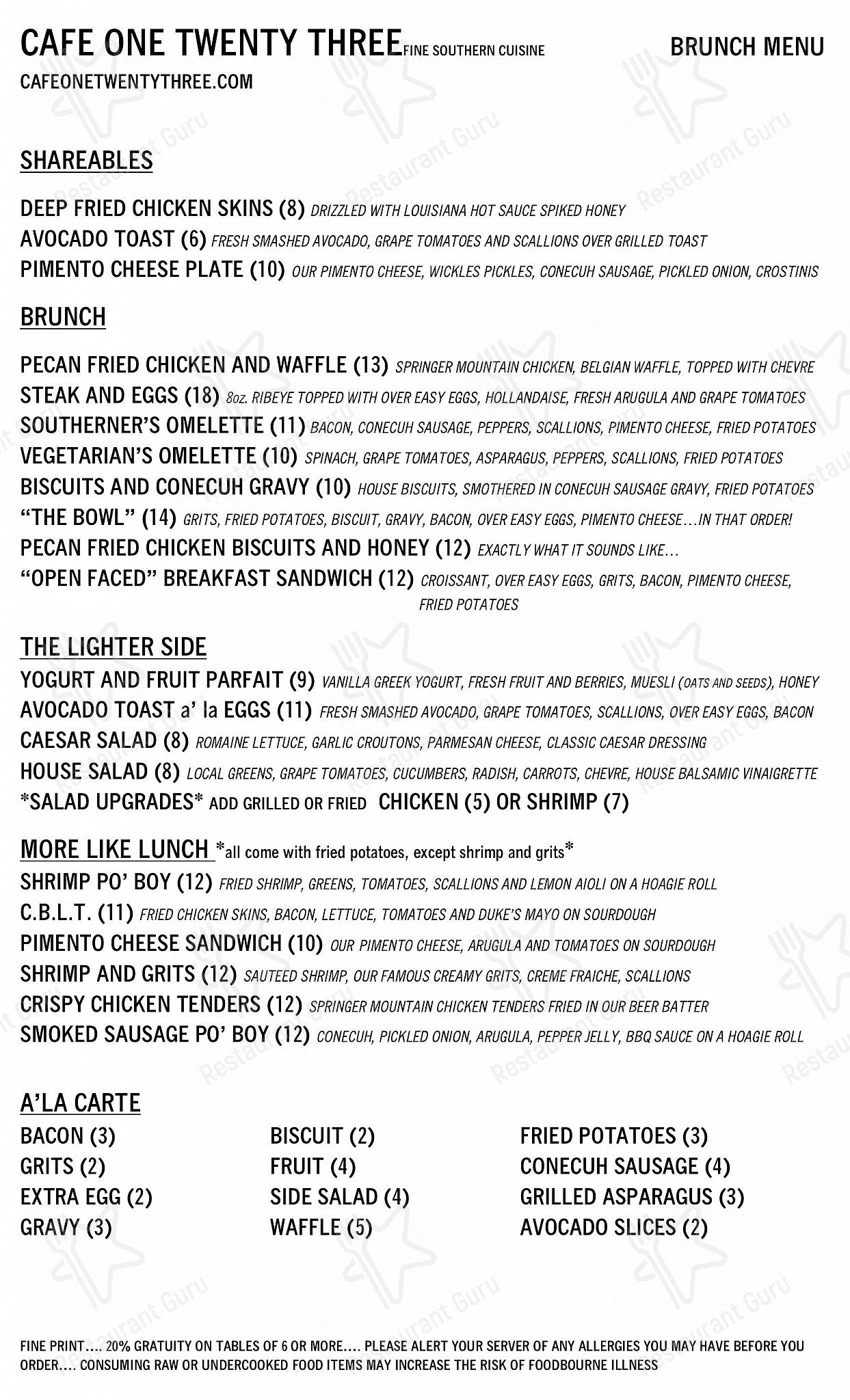 Menu at Café One Twenty Three restaurant, Opelika