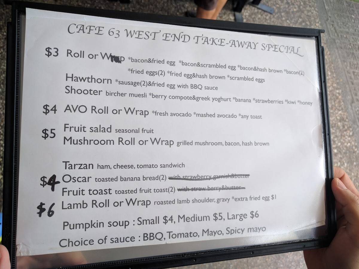 Menu at Cafe 63, South Brisbane, 7/220 Melbourne St