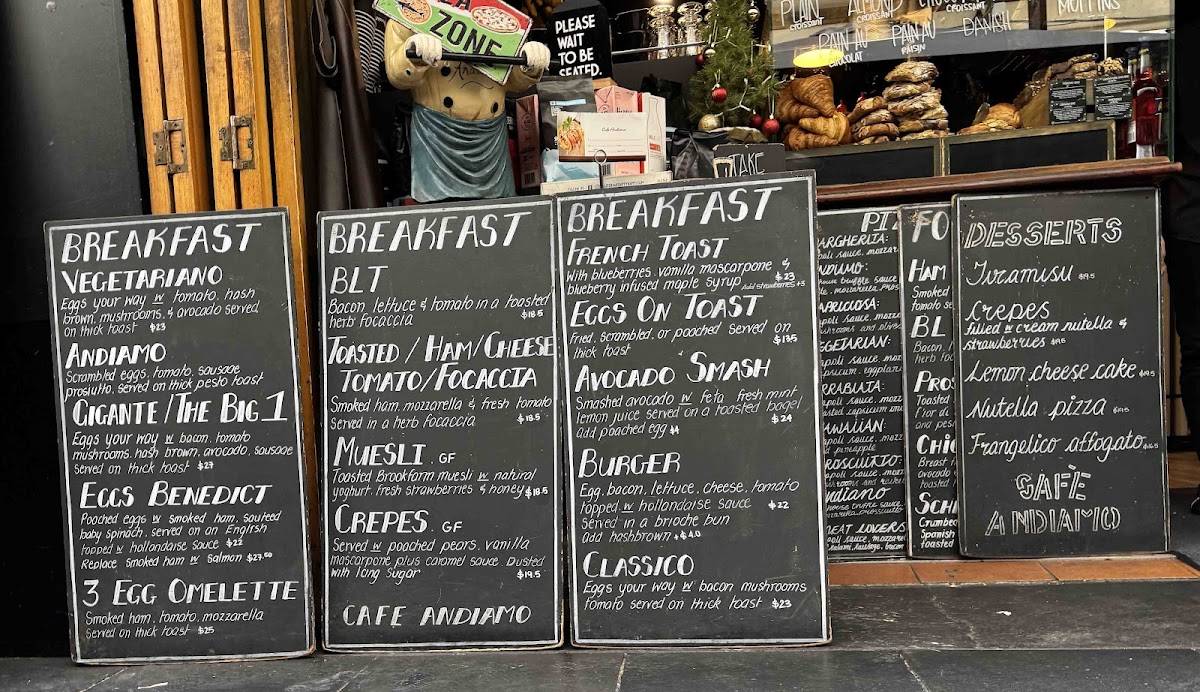 Menu at Cafe Andiamo, Melbourne