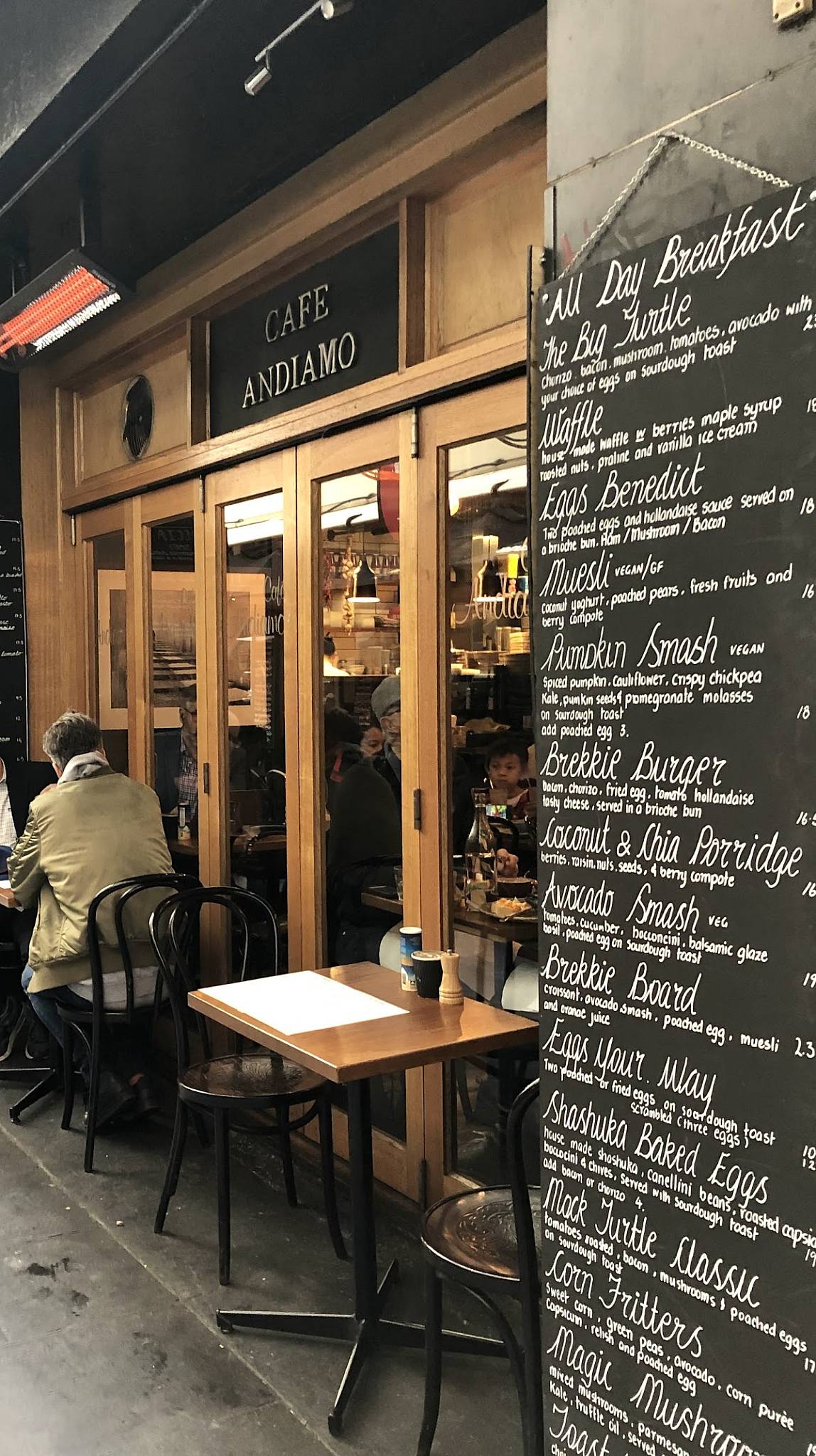 Menu at Cafe Andiamo, Melbourne