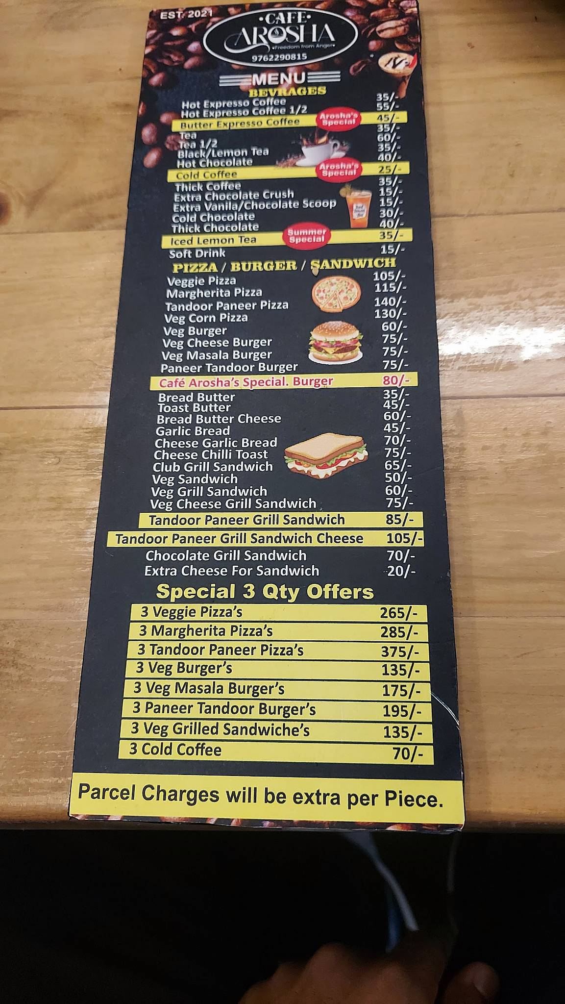 Menu at Cafe Arosha, Pune, near Berry Bash & Sujata Mastani Karve Putla