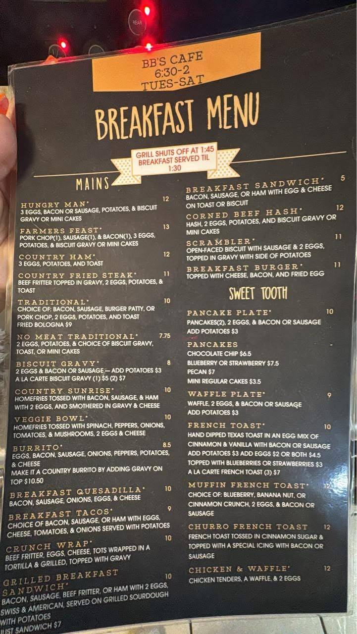Menu at BB’s Cafe, Spring City