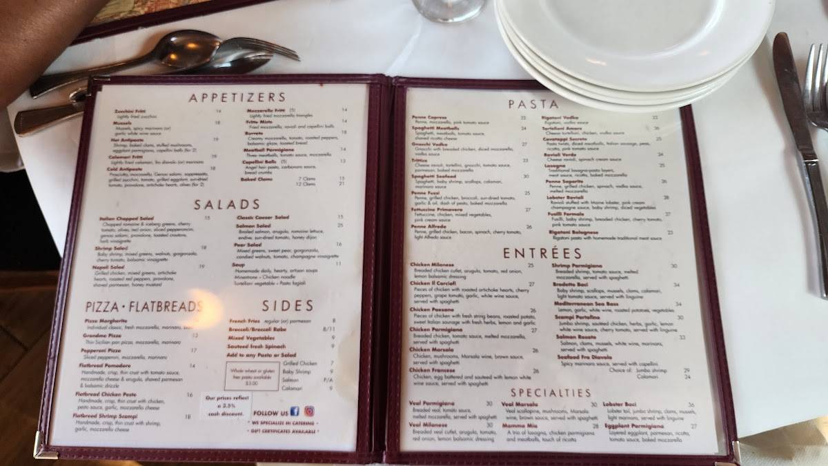 Menu at Cafe Baci, Westbury