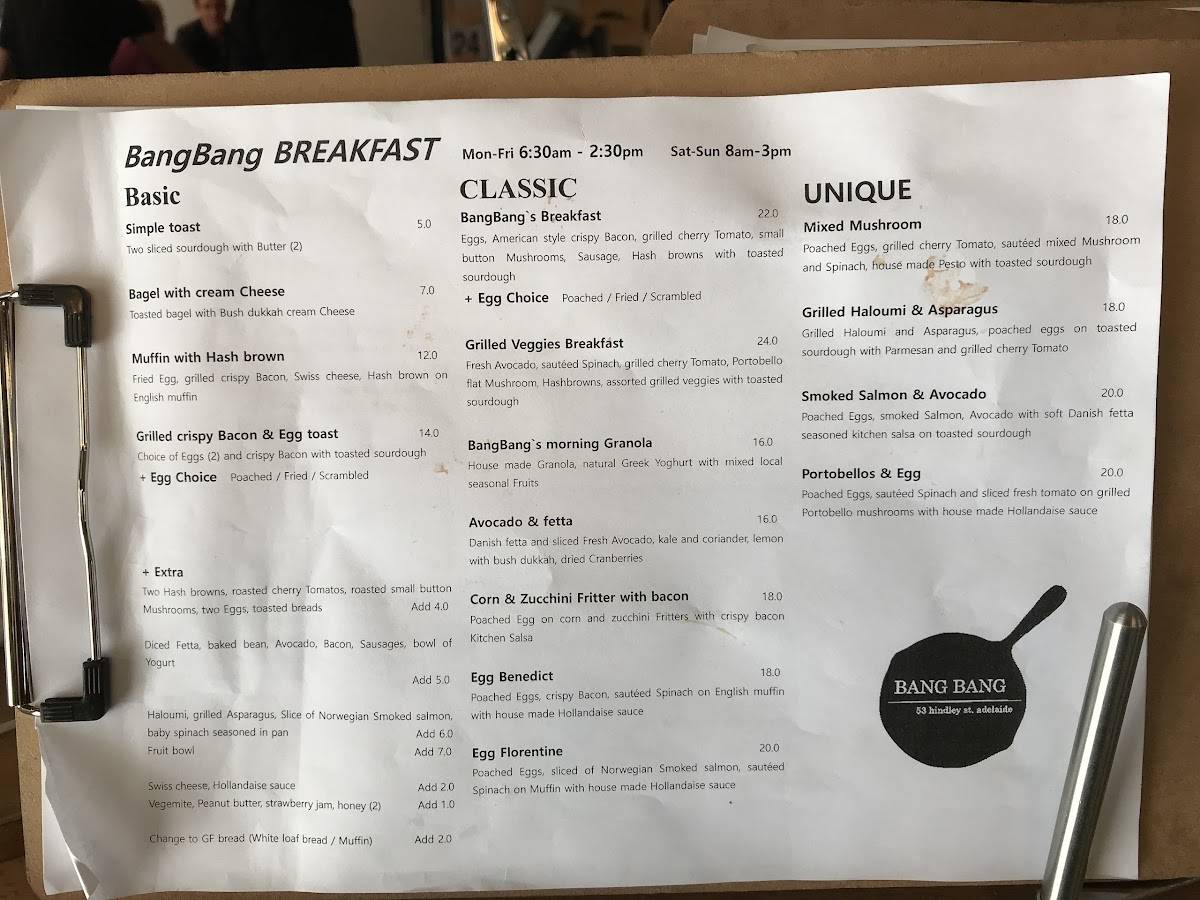 Menu at Cafe Bang Bang, Adelaide