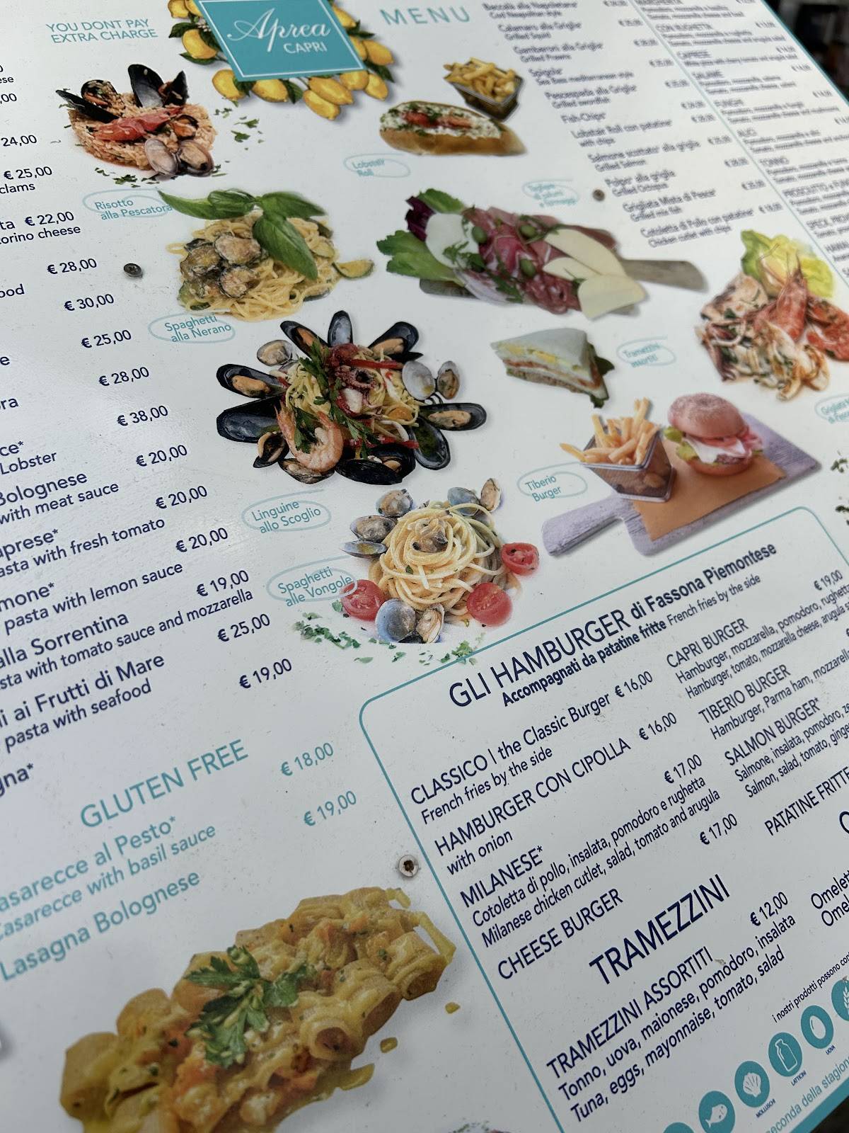 Menu at Bar Aprea, Capri, Via Cristoforo Colombo