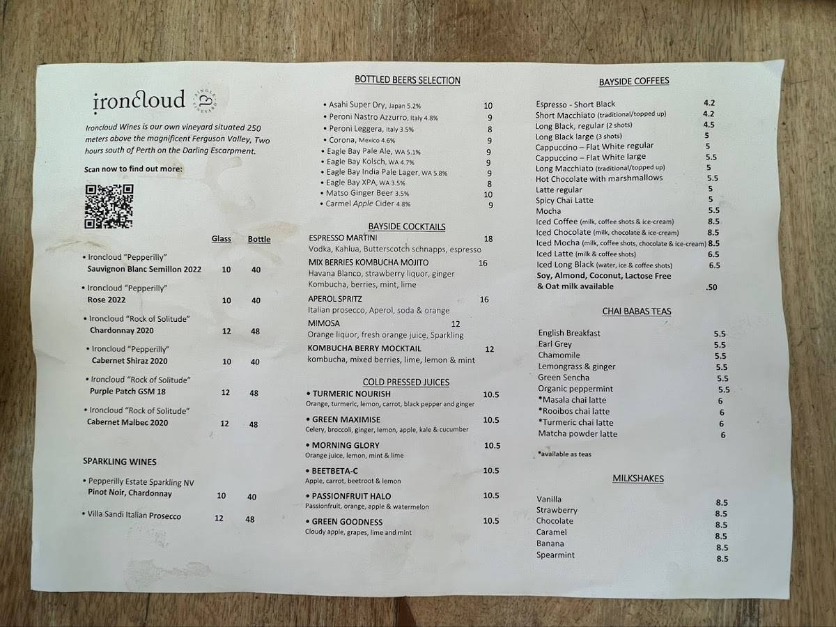 Menu at Bayside Kitchen cafe, Crawley