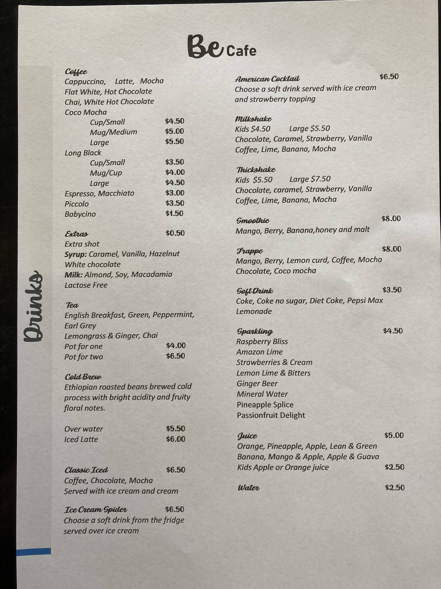 Menu at Be Cafe, Parkes