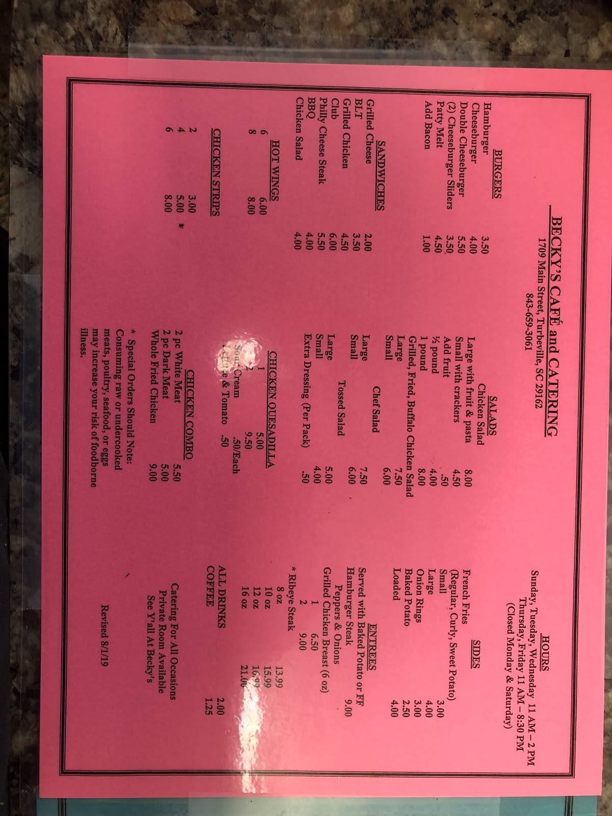 Menu at Becky's Cafe, Turbeville, Main St