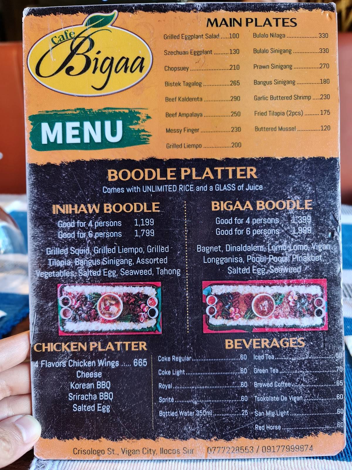 Menu at Cafe Bigaa, Vigan City