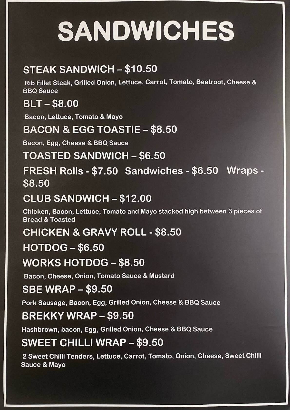Menu at Black cat Cafe, Millmerran