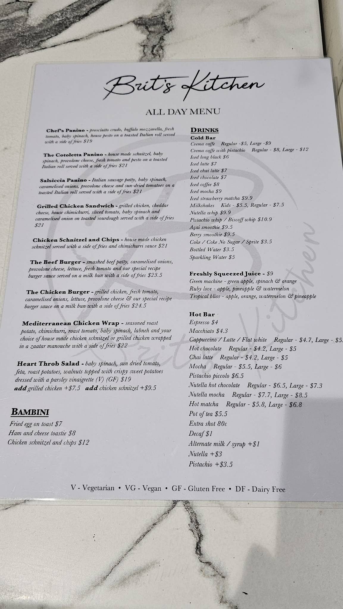 Menu at Brit's Kitchen cafe, North Ryde