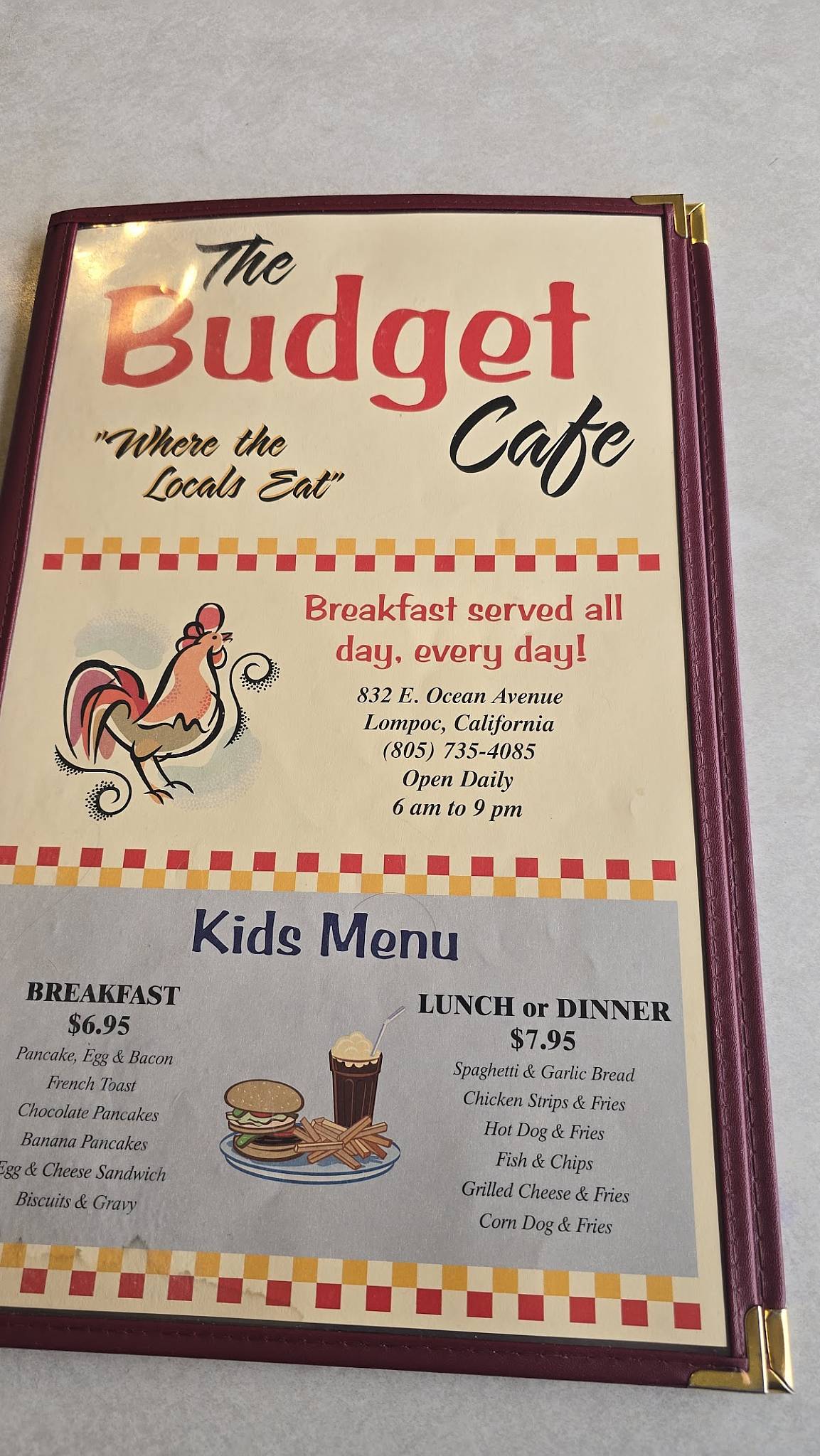 Menu at Budget Cafe, Lompoc