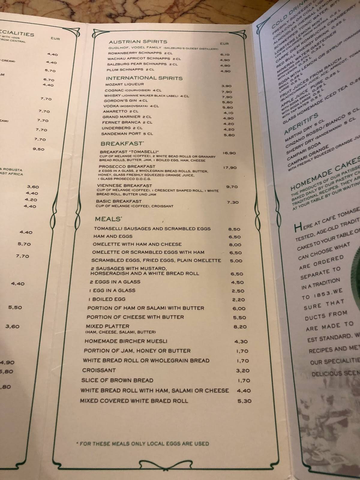 Menu at Café Tomaselli cafe, Salzburg