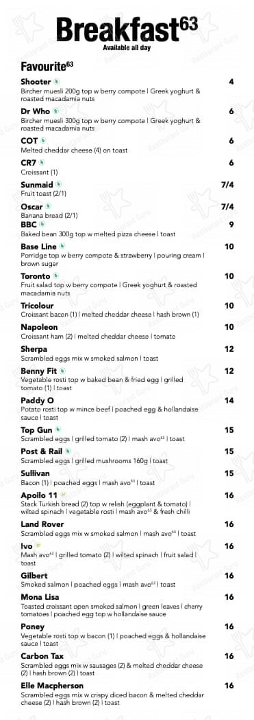 Menu at Cafe 63, South Brisbane, 7/220 Melbourne St