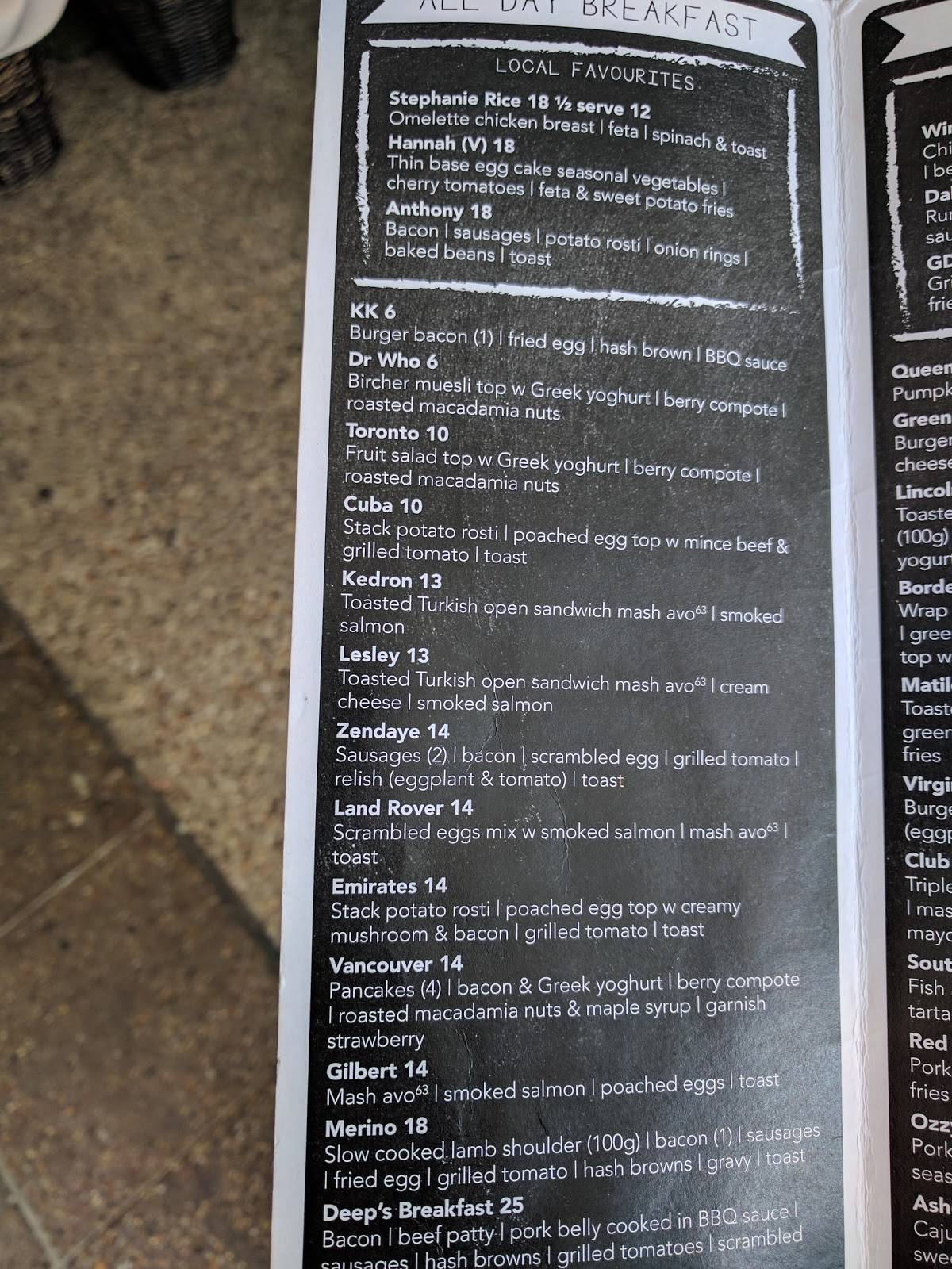 Menu at Cafe 63, South Brisbane, 7/220 Melbourne St