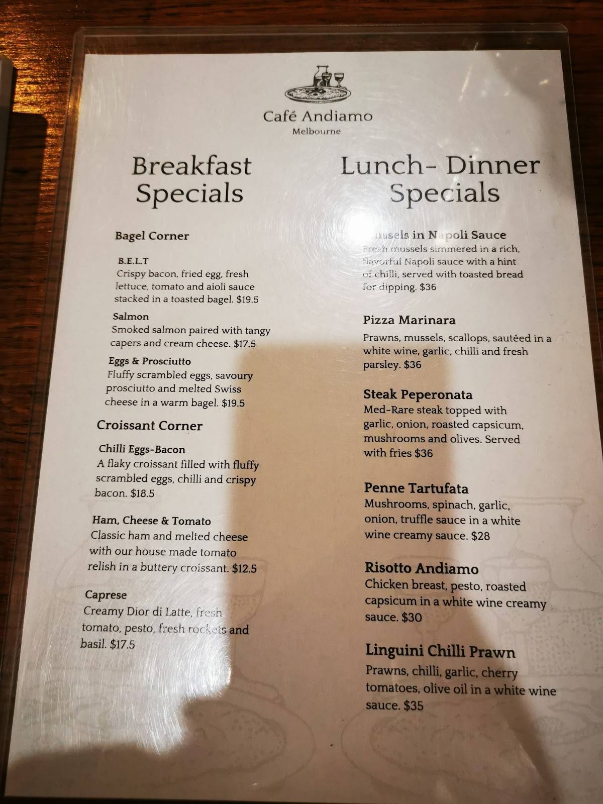 Menu at Cafe Andiamo, Melbourne