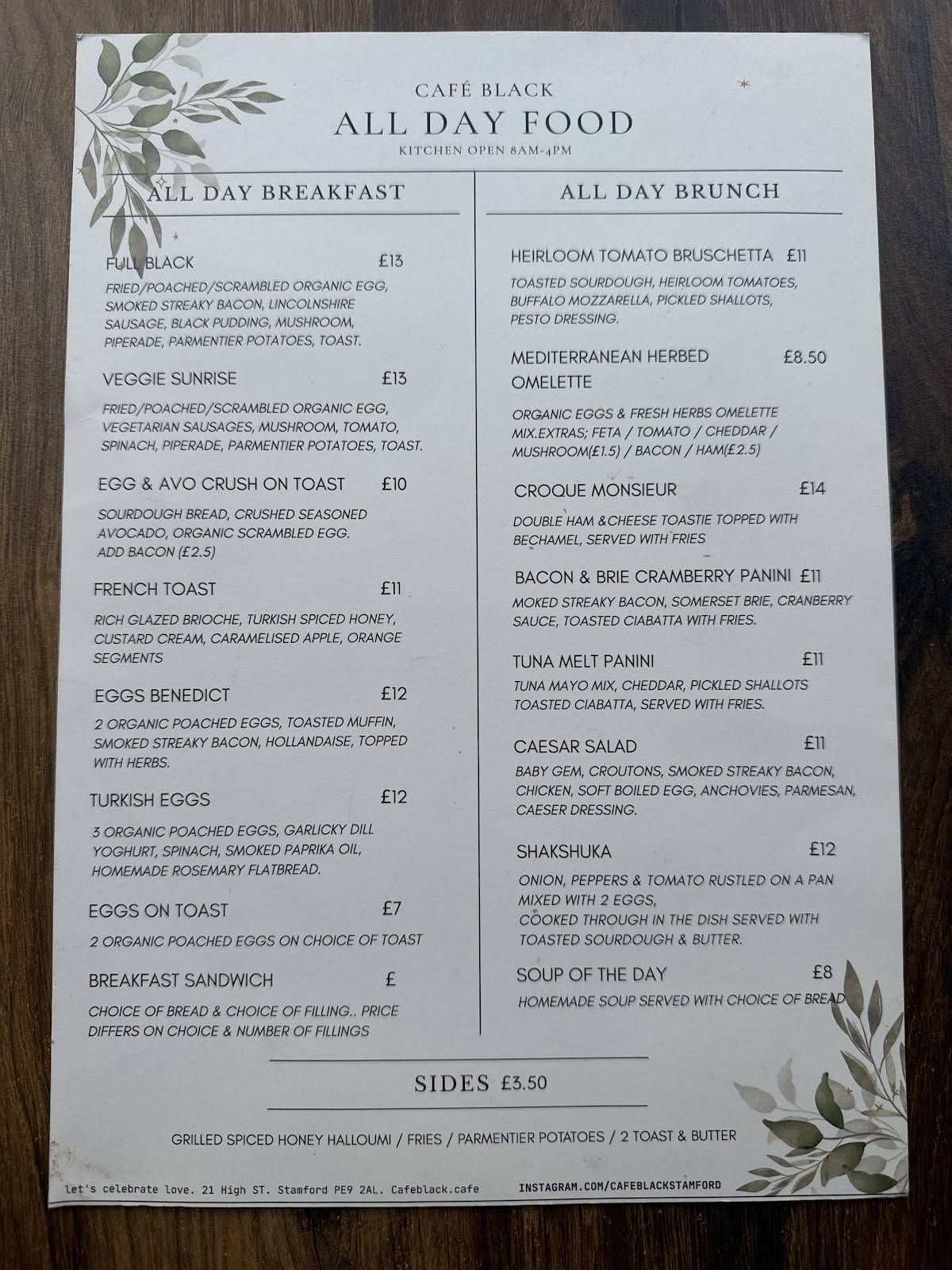 Menu at Cafe Black, Stamford