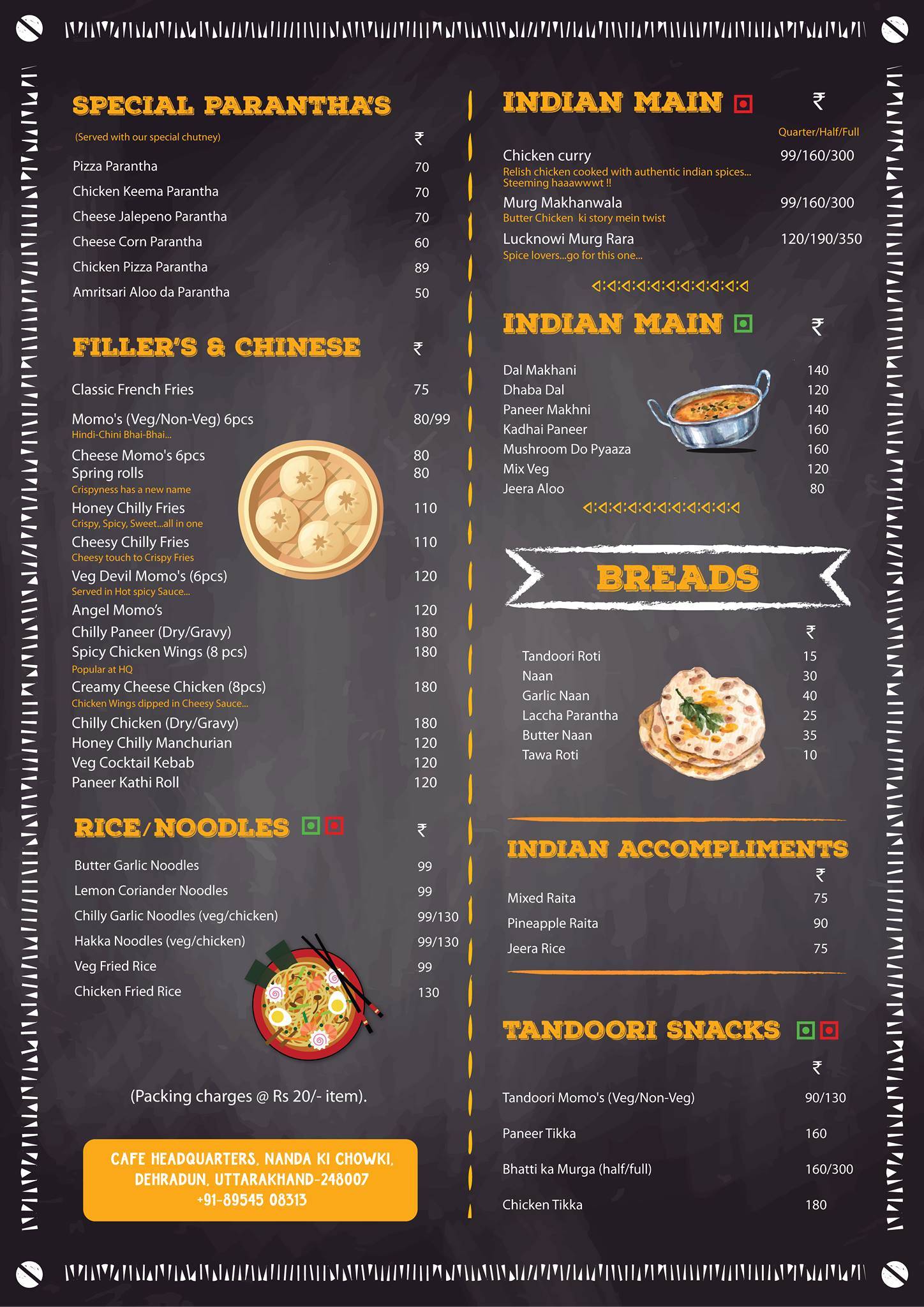 Menu at Cafe Headquarters, Dehradun
