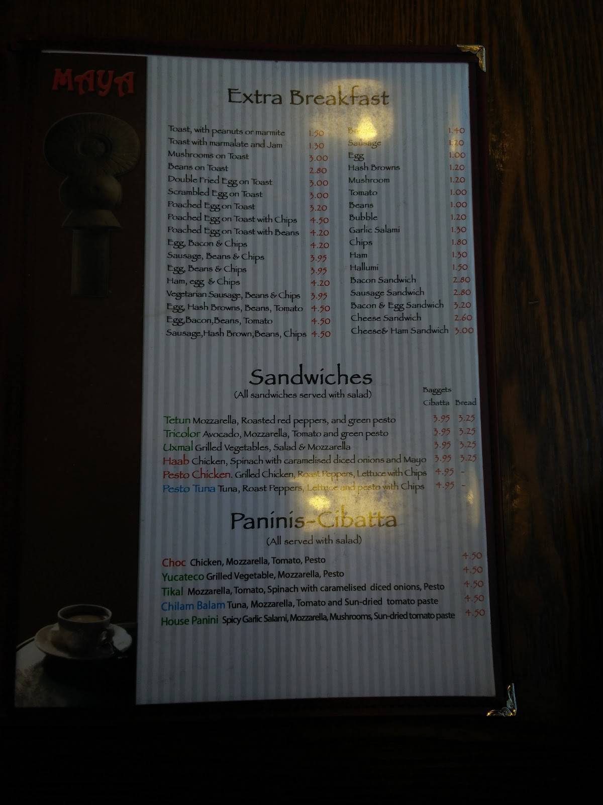Menu at Cafe Maya, London, 114 Farringdon Rd