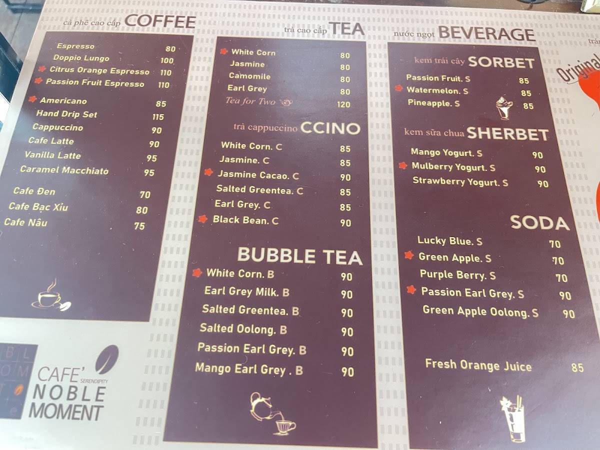 Menu at Café Noble Moment cafe, Hanoi