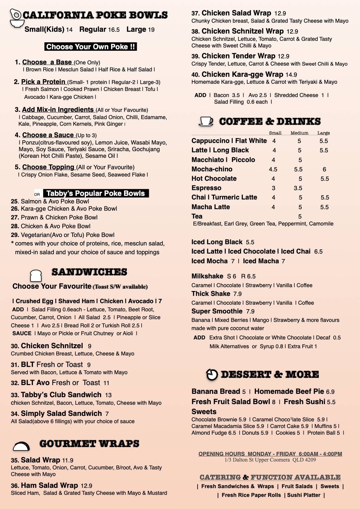 Menu at Cafe Tabby's, Upper Coomera