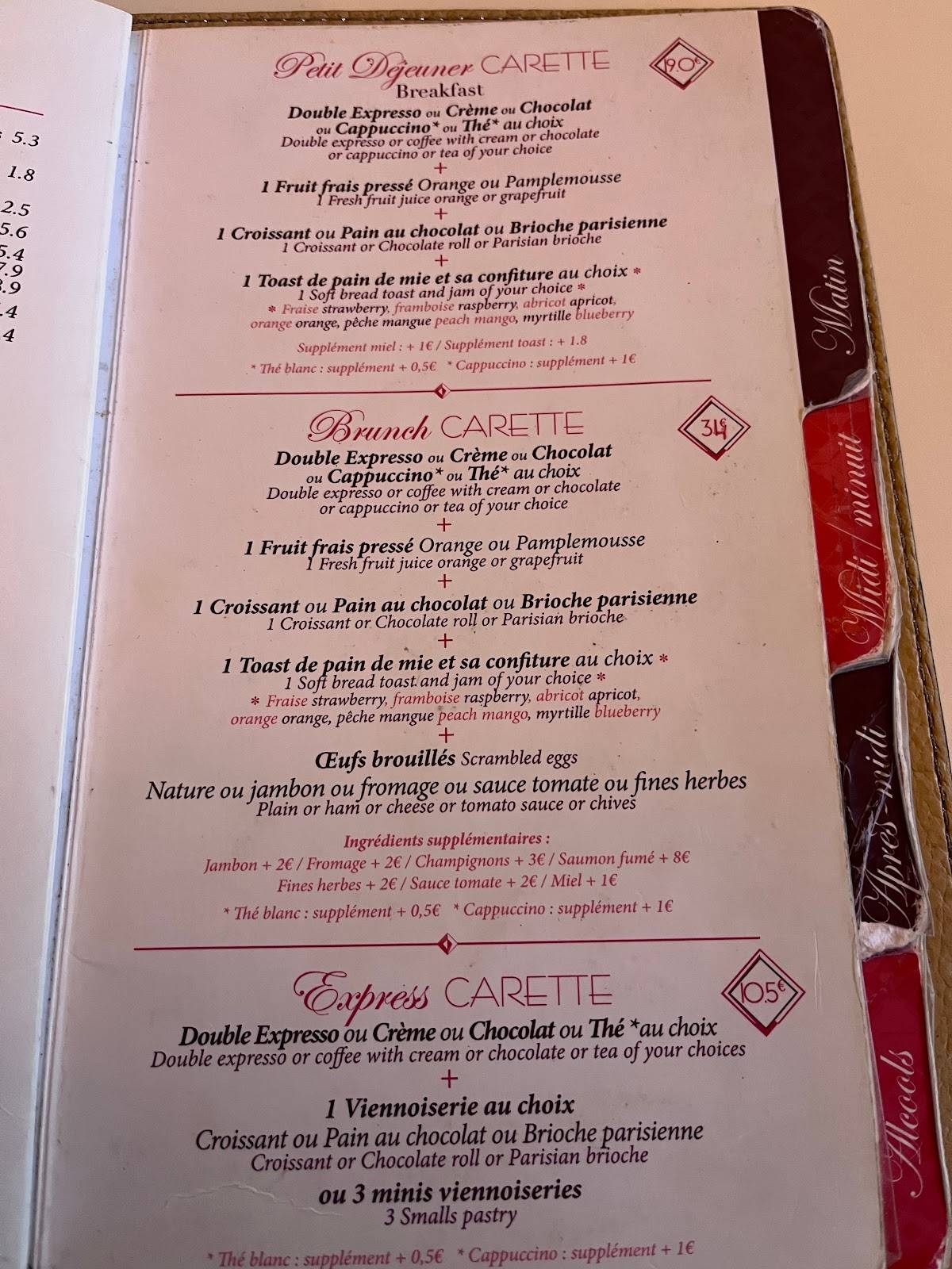 Menu at Carette pub & bar, Paris, 25 Pl. des Vosges