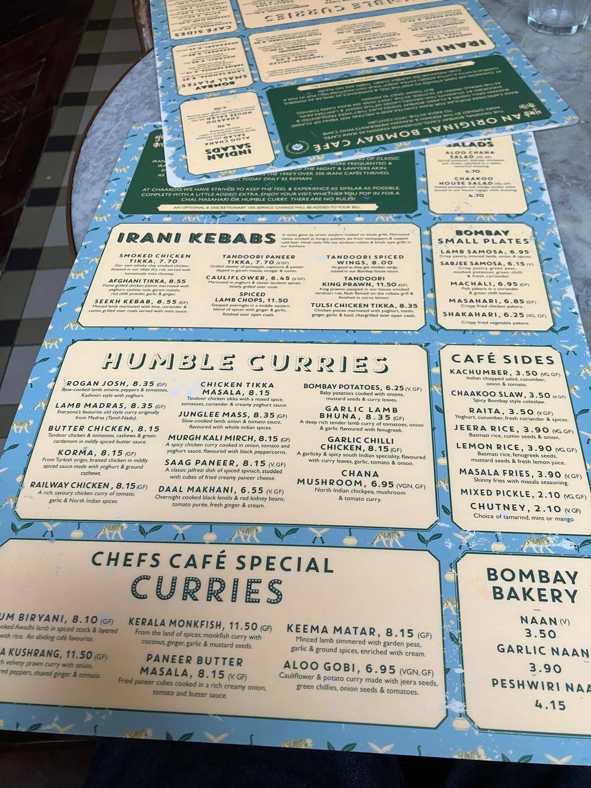Menu at Chaakoo Bombay Cafe, Glasgow