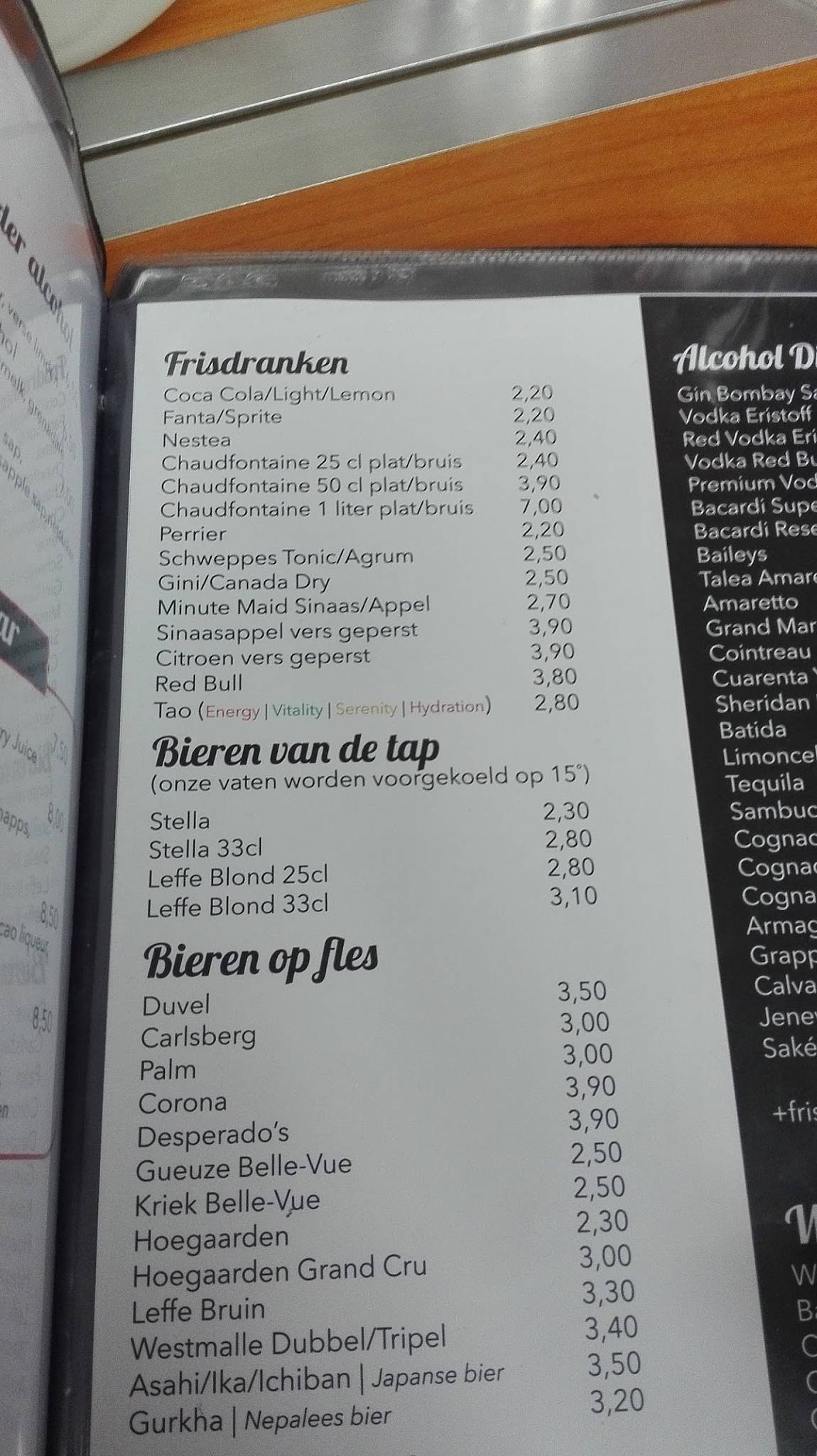 Menu at Chess cafe, Leuven