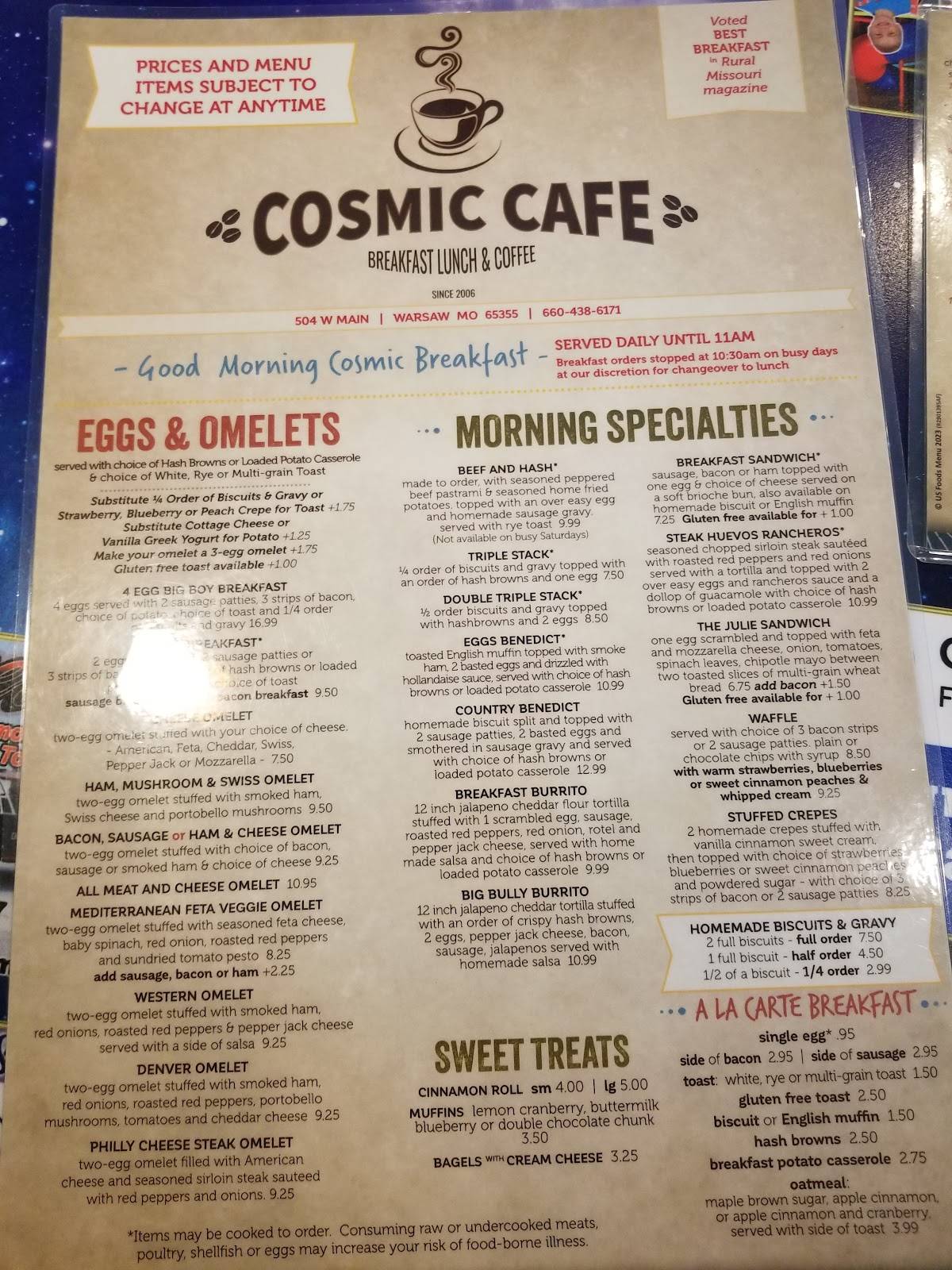Menu at Cosmic Cafe, Warsaw, 504 Main St