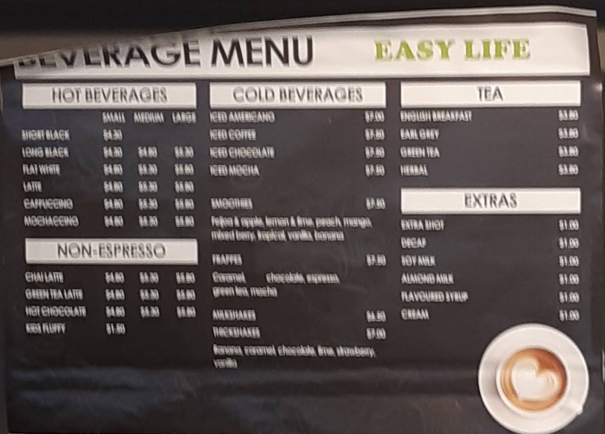 Menu at Easy Life cafe, Auckland