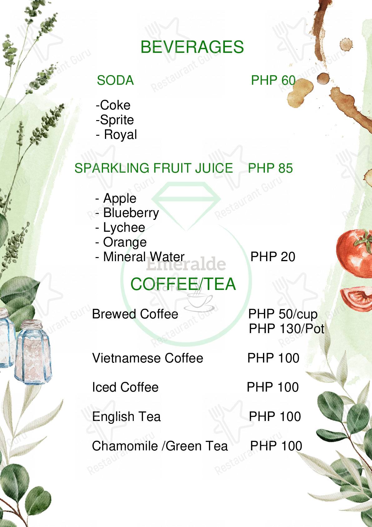 Menu at Emeralde Cafe, Bauang, Perbener