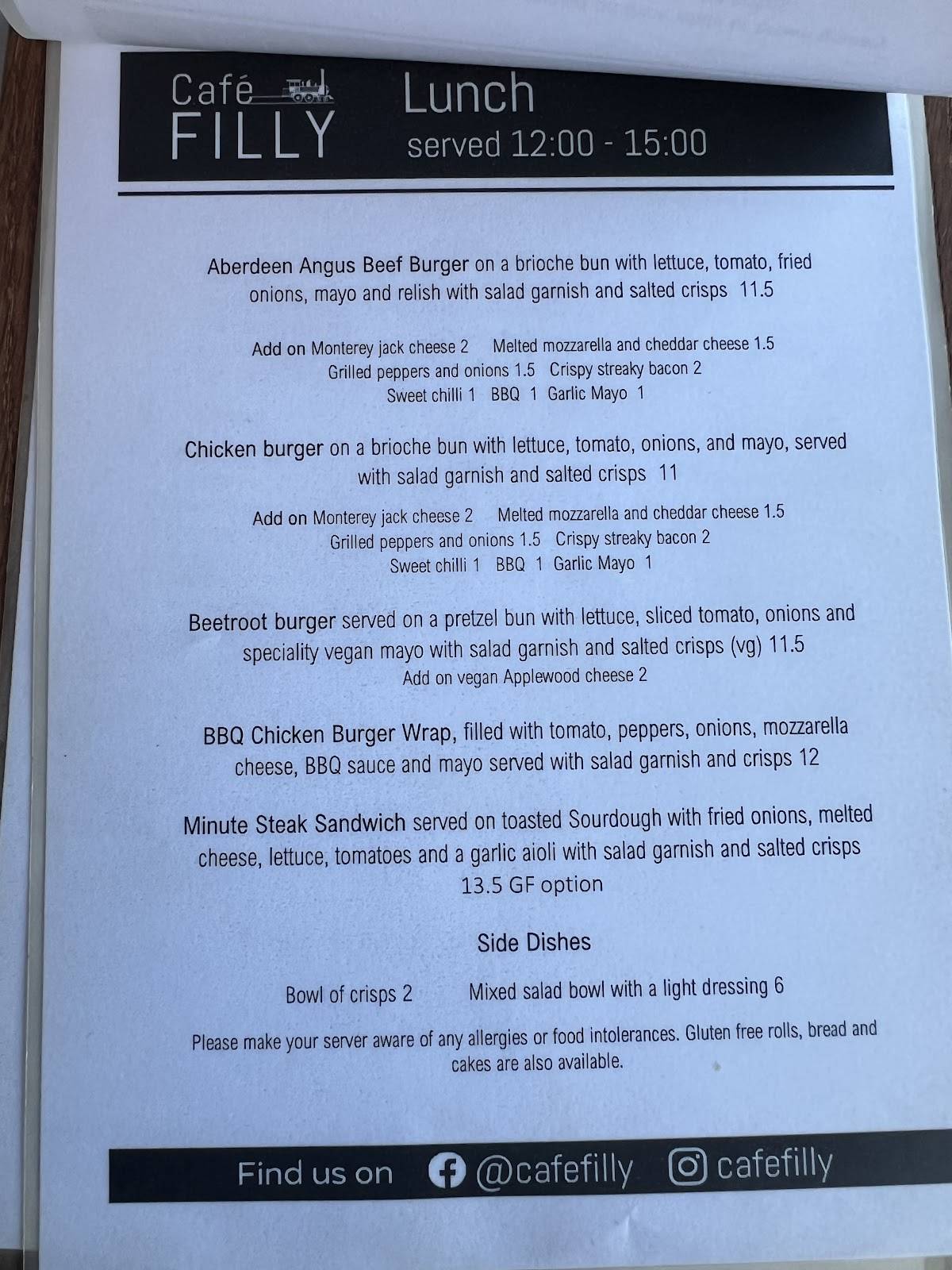 Menu at Café FILLY cafe, Prestonpans