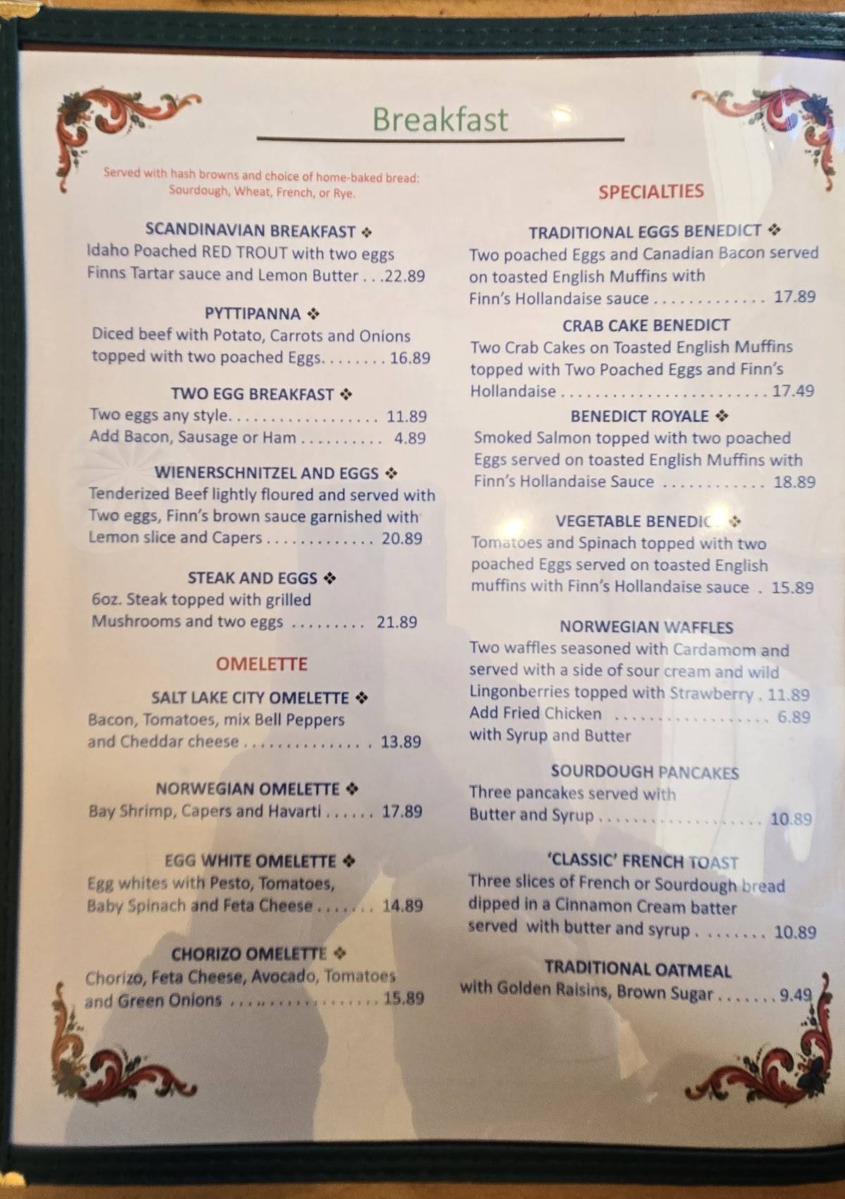 Menu at Finn's Cafe, Salt Lake City