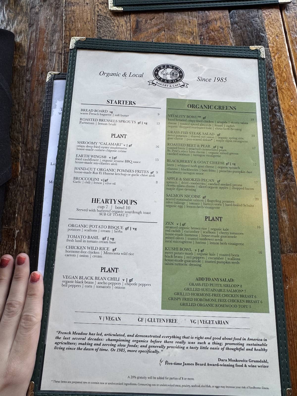 Menu at French Meadow Bakery & Café, Saint Paul, Grand Ave