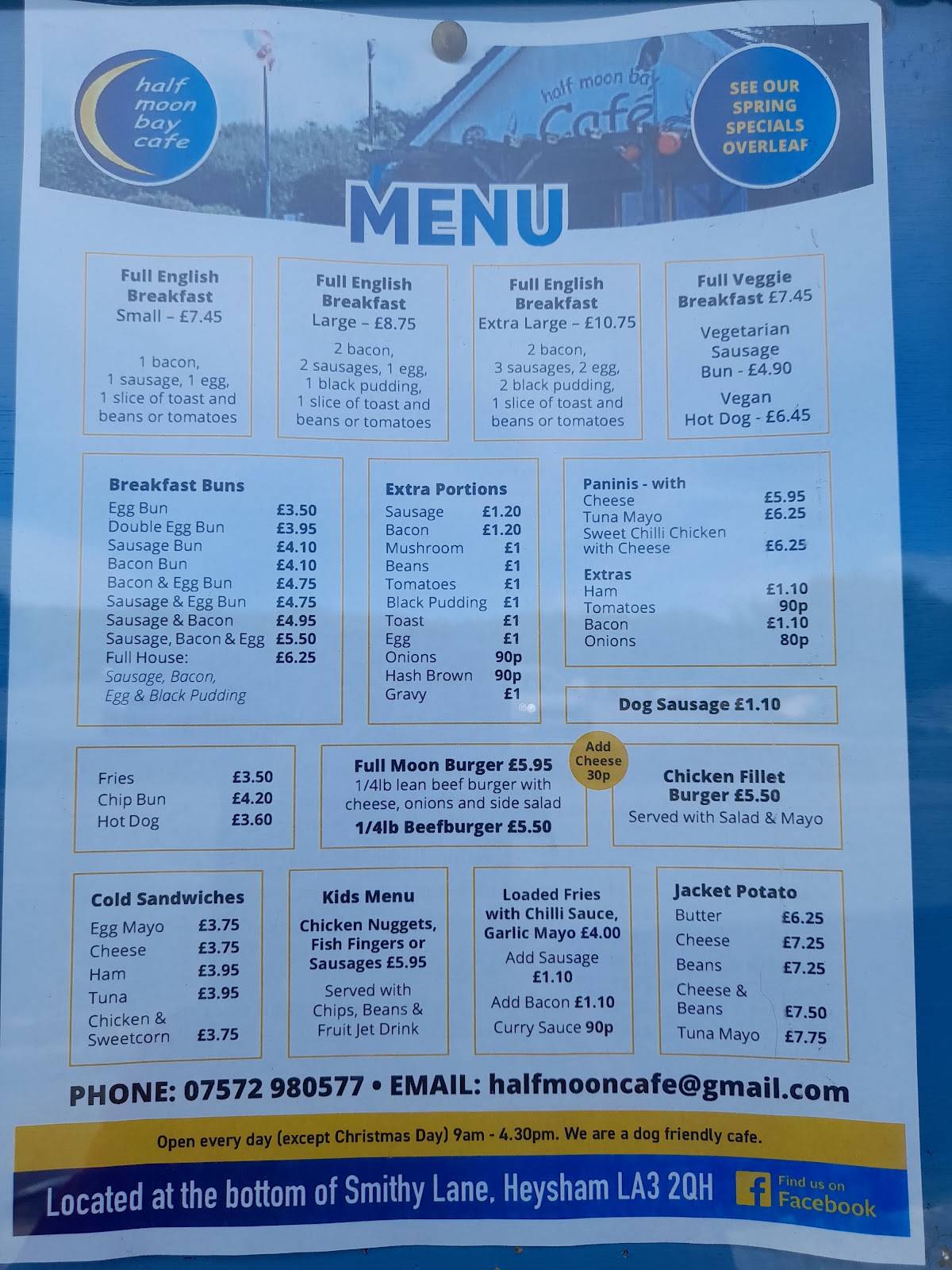 Menu at Half Moon Bay Cafe, Morecambe
