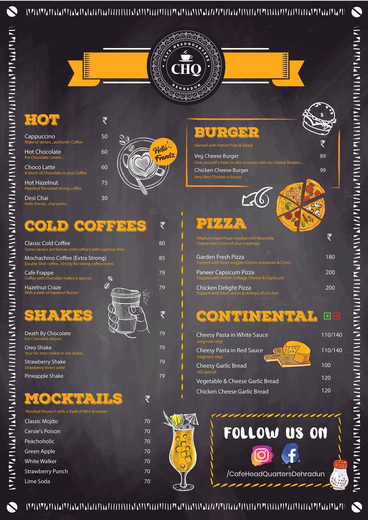 Menu at Cafe Headquarters, Dehradun