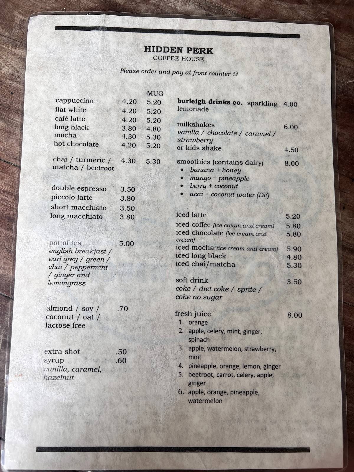 Menu at Hidden Perk cafe, Burleigh Heads, 15 Ikkina Rd