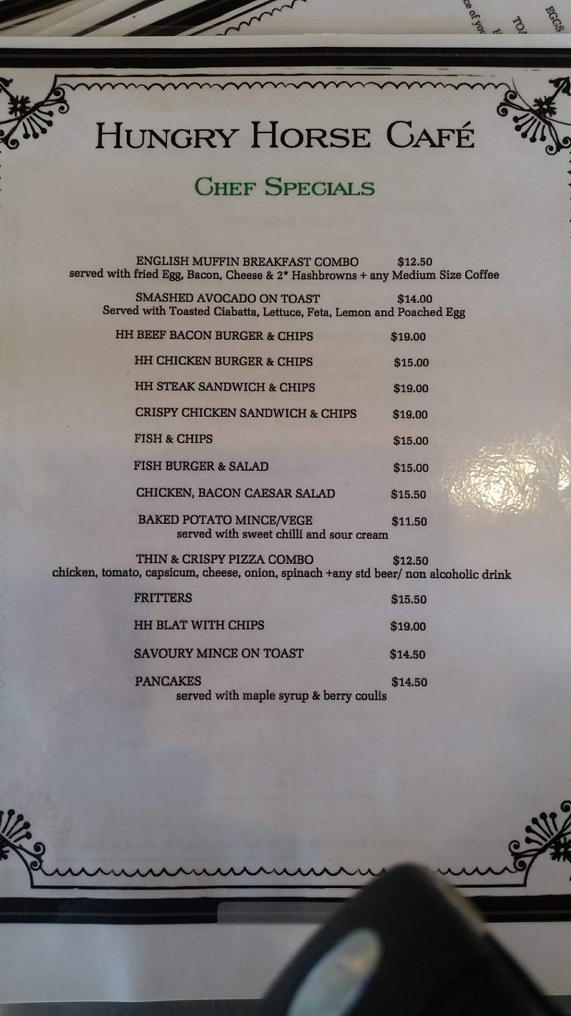 Menu at Hungry Horse Cafe, Palmerston North