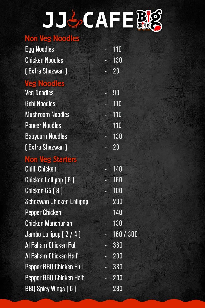 Menu at JJ CAFE, Tada, Chennai - Kolkata Hwy