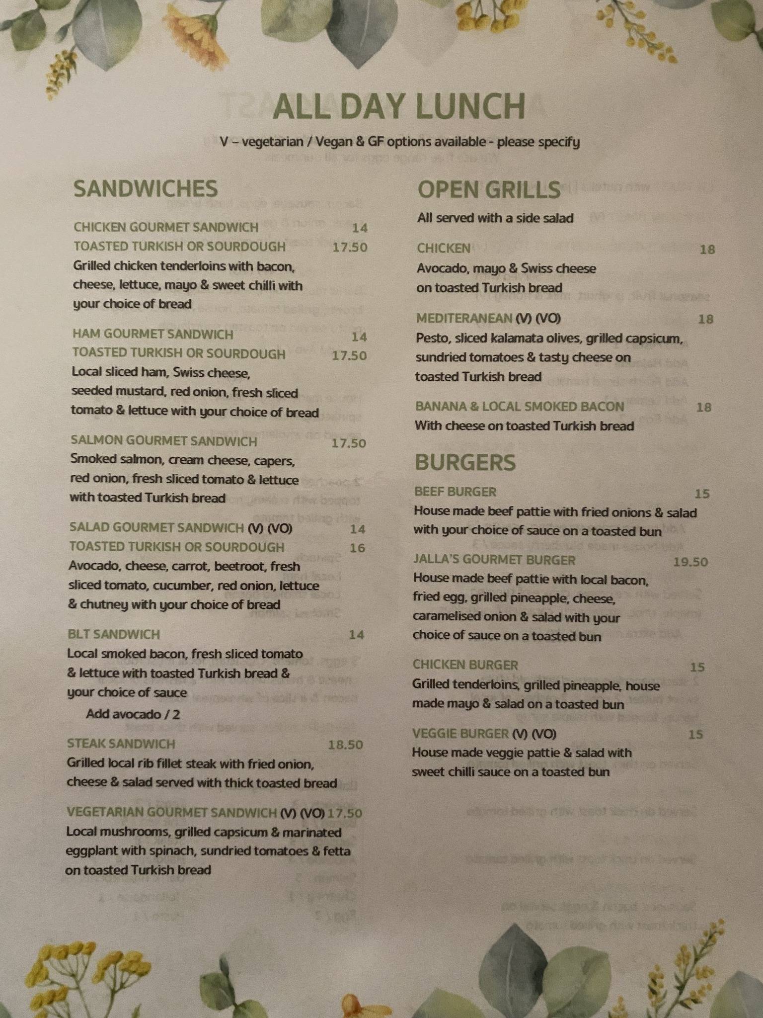 Menu at Jalla's Cafe, Woodford