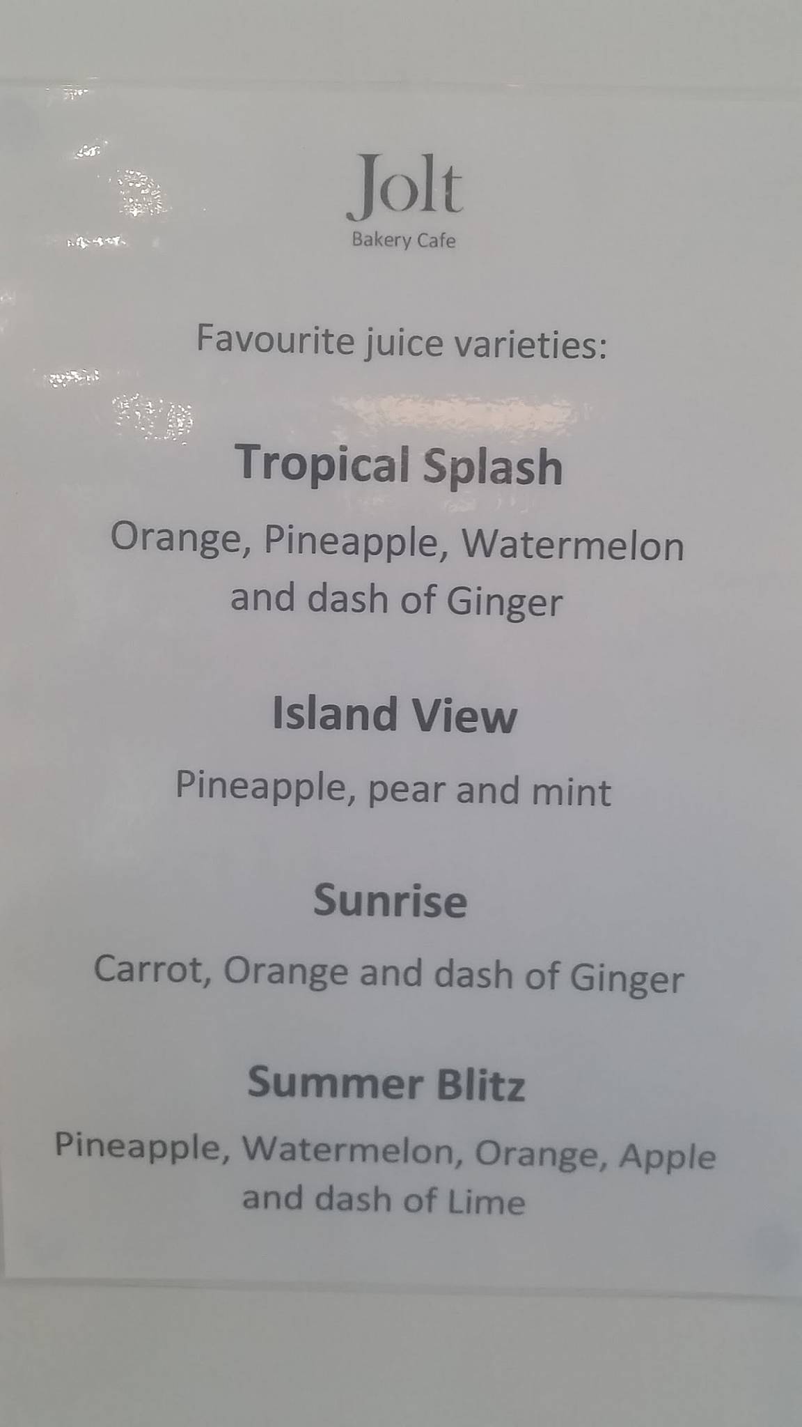 Menu at Jolt Bakery Cafe Yeppoon, Yeppoon