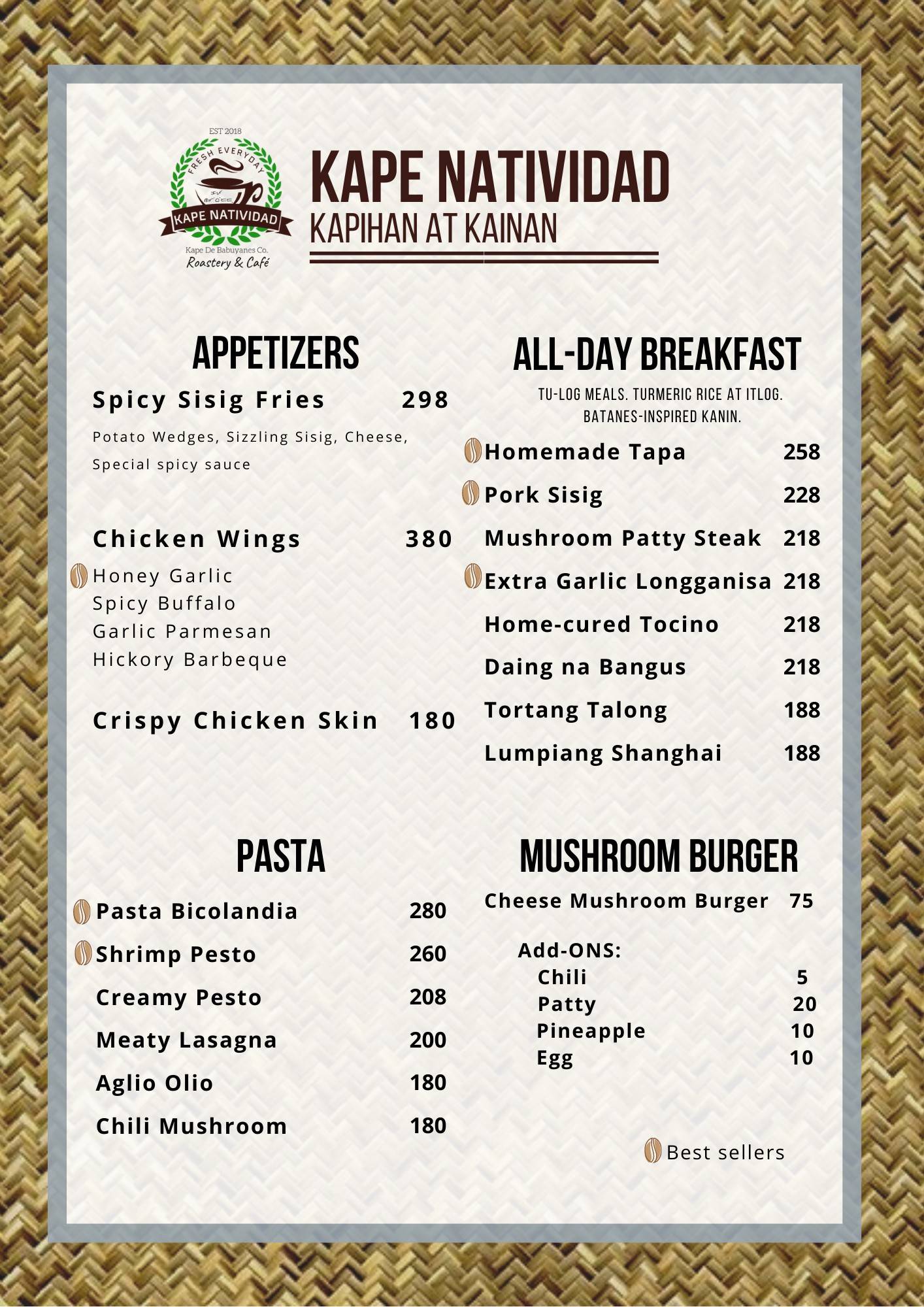 Carta del restaurante Kape Natividad Marilaque Tanay, Rizal, Tanay