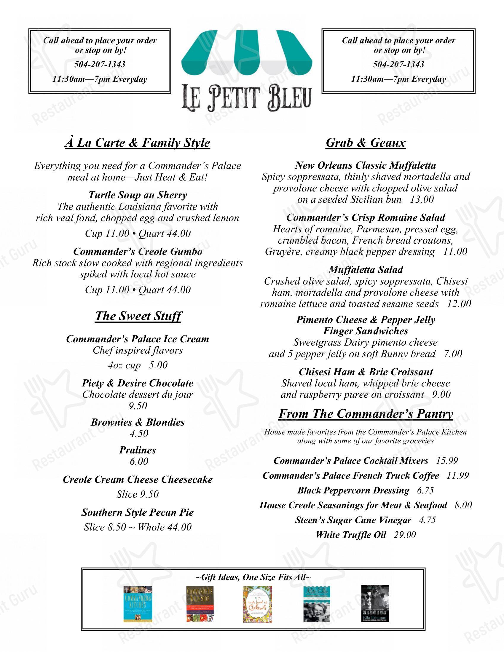 Menu at Le Petit Bleu cafe, New Orleans