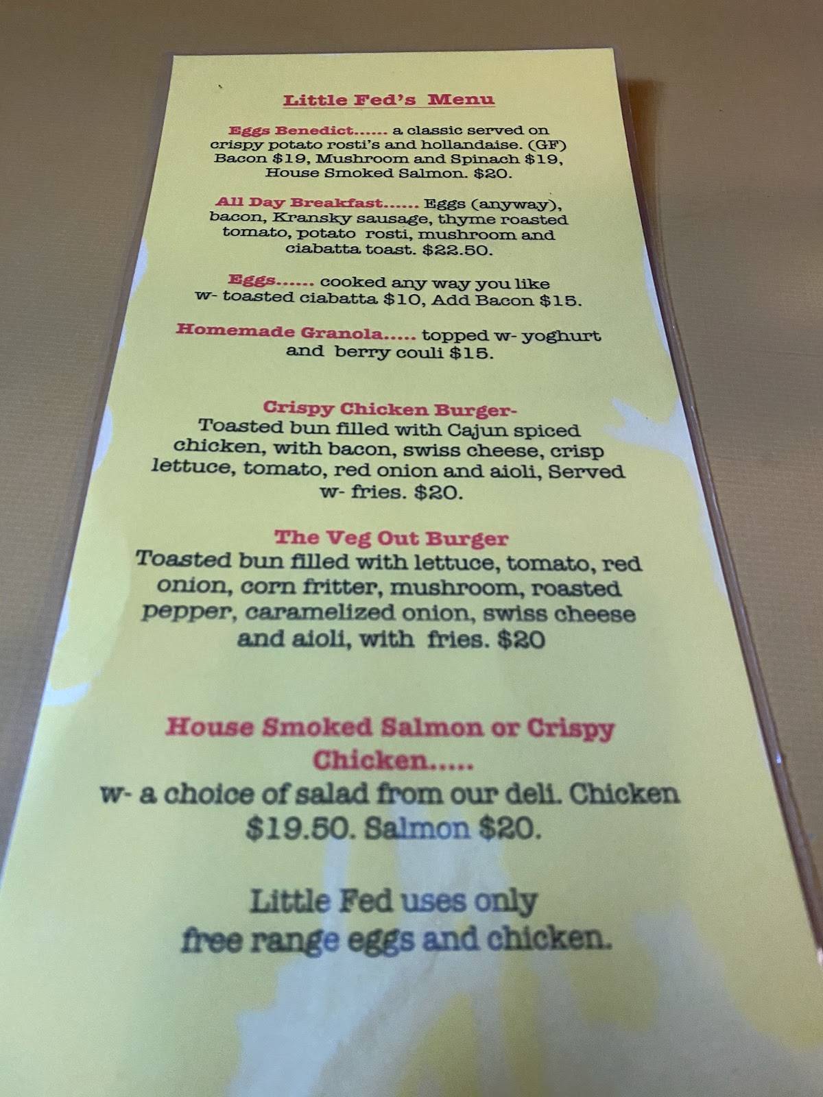 Menu at Little Fed cafe, New Plymouth