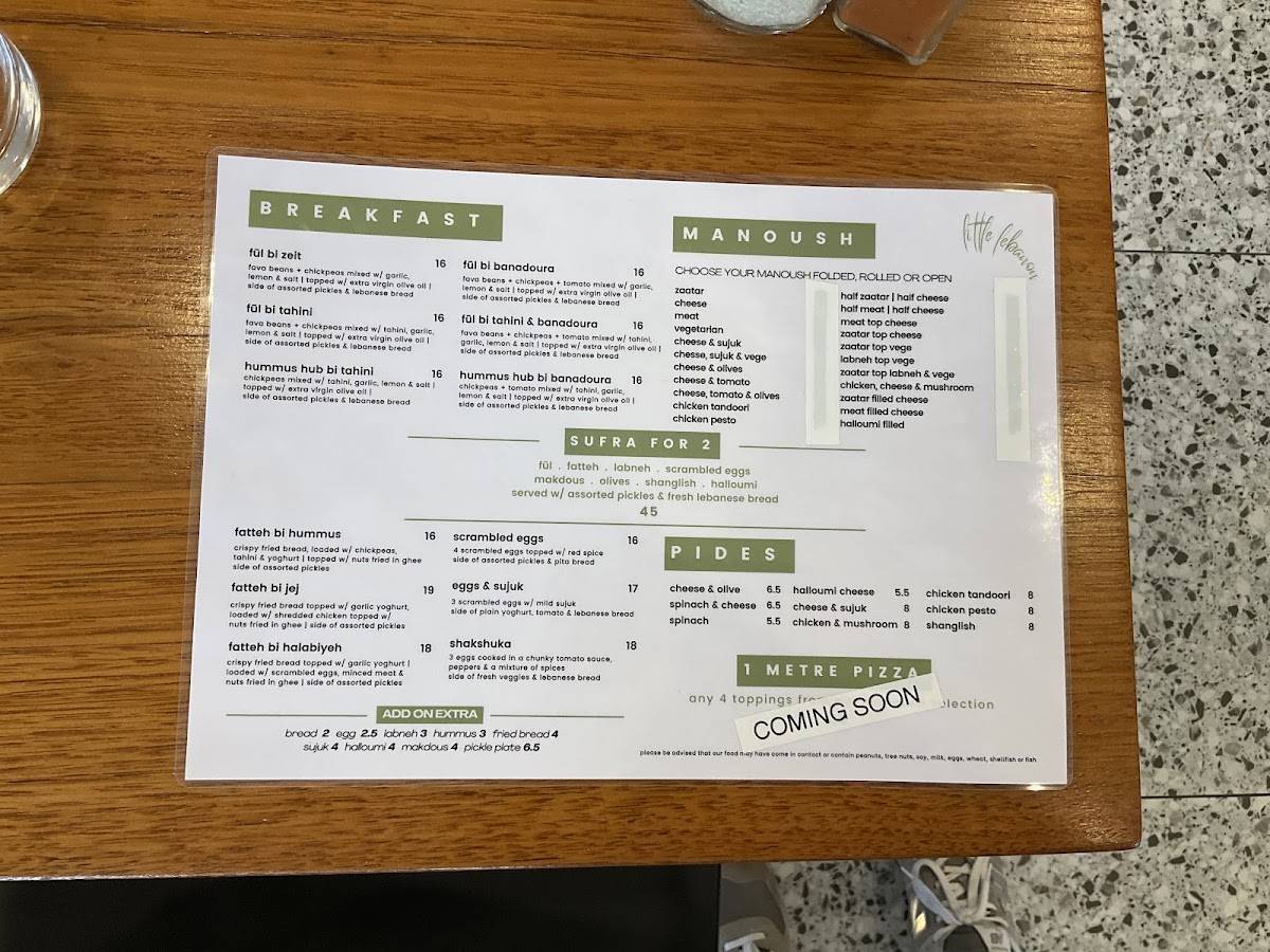 Menu at Little Lebanon cafe, Endeavour Hills