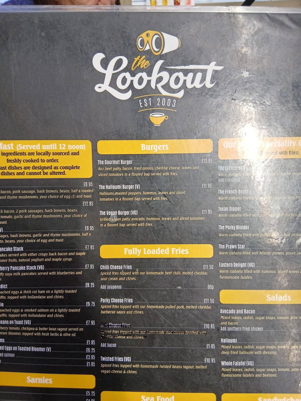 Menu at Lookout Cafe, Weymouth